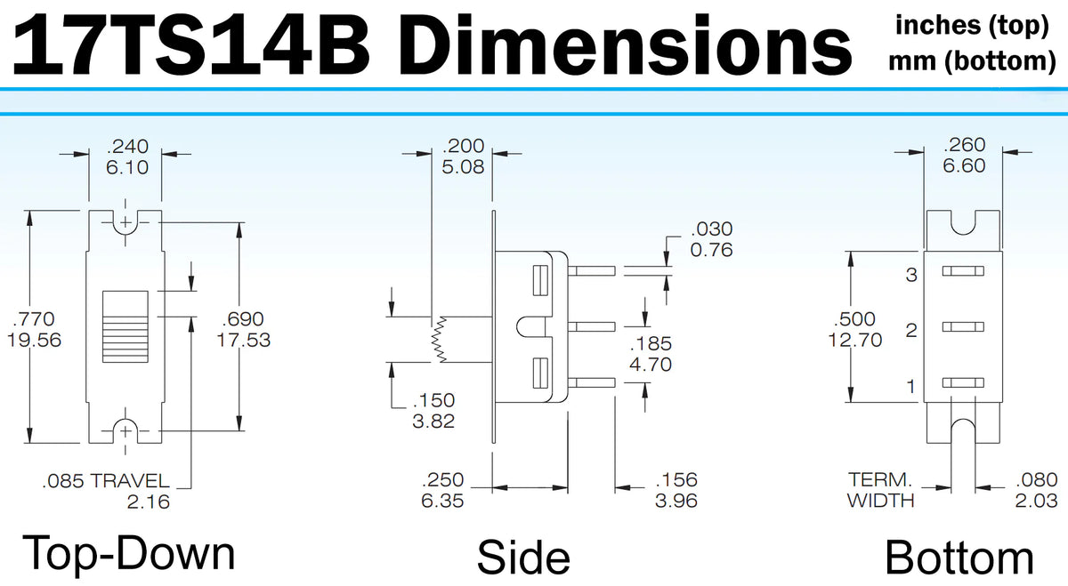 SPDT On-Off-On Mini Slide Switch with 3 Solder Lug Terminals (0.24" x ...