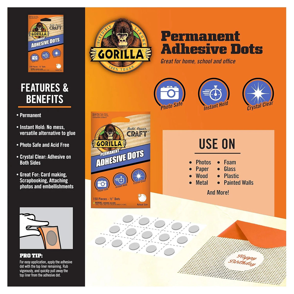 Gorilla 1,200 Count Permanent Adhesive Dots, Double-Sided, 0.5" Diamet ...